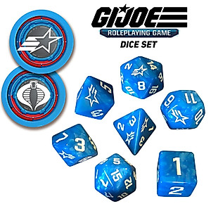 Renegade Game Studios G.I. Joe Roleplaying Game Dice Set, Specialty Dice, 2 d20 , 1 d12, 1 d10, 1 d8, 1 d6, 1 d4 , 1 d2 Coin