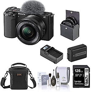 Sony ZV-E10 Mirrorless Camera with 16-50mm Lens, Black Bundle with 128GB SD Memory Card, Shoulder Bag, NP-FW50 Battery, Compact Smart Charger, 40.5mm Filter Kit, Cleaning Kit
