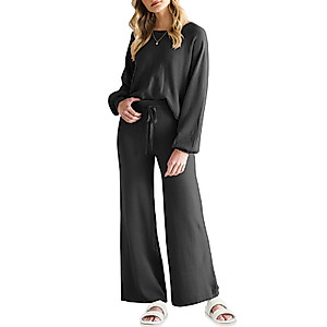 ANRABESS Women’s Two Piece Crop Top & Wide Leg Pants Lounge Sweater Sets 2024 Fall Knit Sweatsuits Cozy Trendy Outfits Black Medium