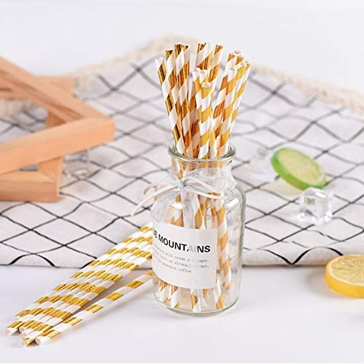 Shining Gold Striped Paper Straws, 100Percent Biodegradable Decorate Straws, Premium Cocktails Straws for Drinking, Juice, Smoothie Packed 100, 6x197mm