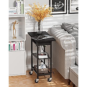 Egepon End Table with Charging Station, Side Table Narrow Flip Top with USB Ports & Power Outlets for Small Spaces, Sofa Table Nightstand with Storage Shelves Rolling Wheels for Living Room Bedroom