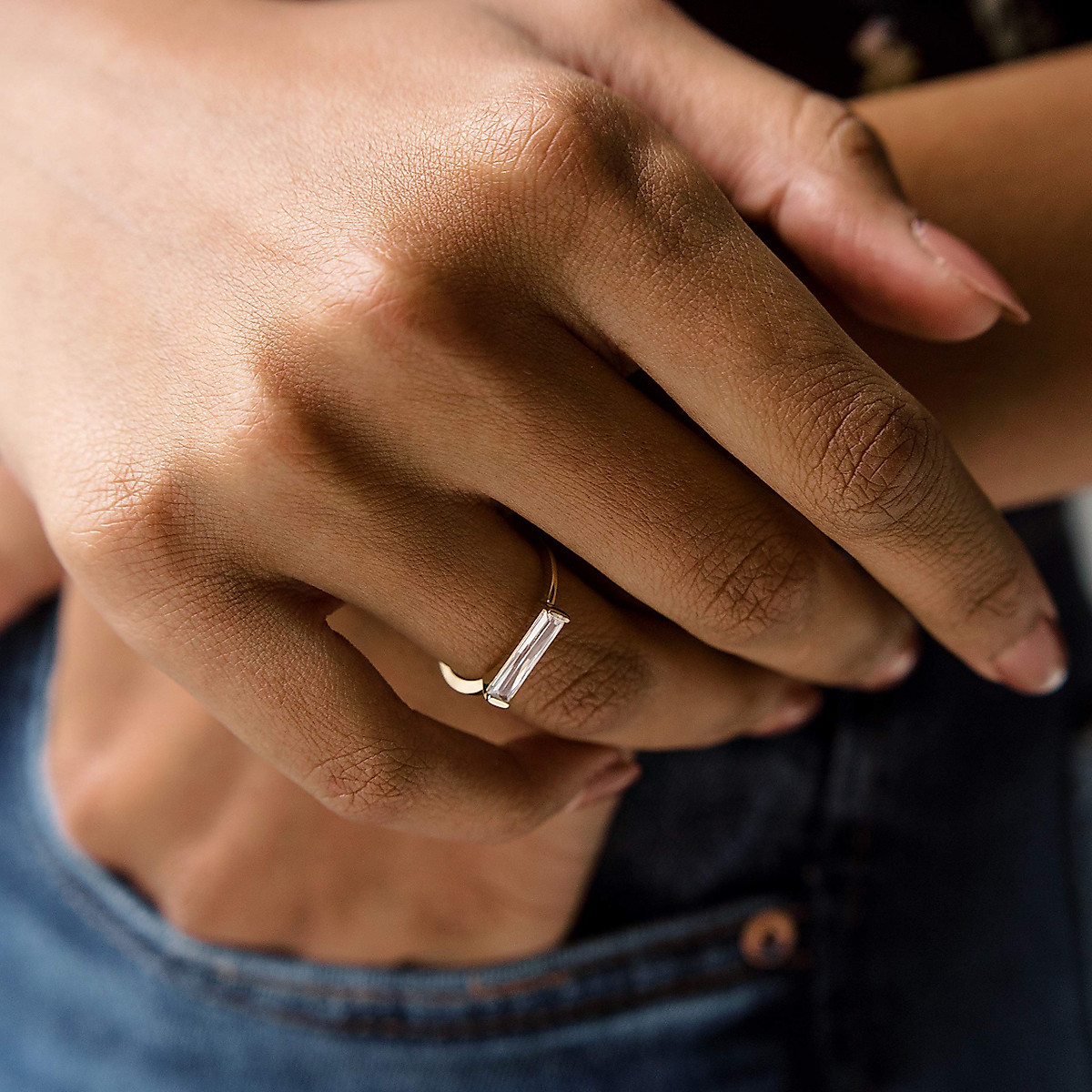 Honeycat Lorena Long Crystal Baguette Ring in Gold, Rose Gold, or Silver | Minimalist, Delicate Jewelry (Gold, 8)