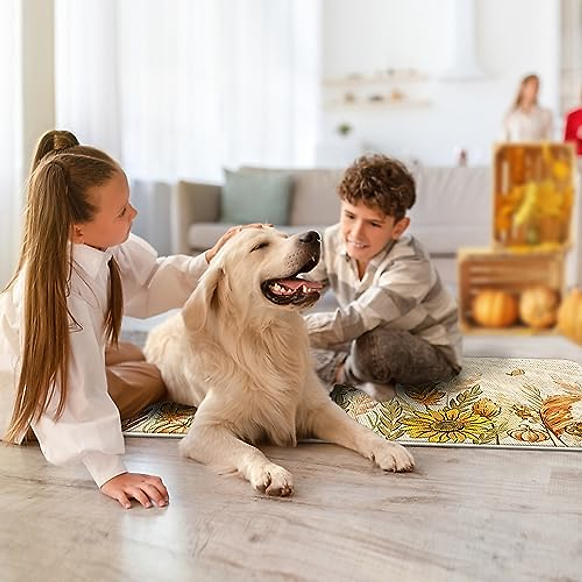 Tailus Hello Fall Sunflower Pumpkin Kitchen Rugs Set of 2, Autumn Harvest Wheat Mason Jar Kitchen Mats Decor, Buffalo Plaid Check Farmhouse Floor Door Mat Home Decorations - 17x29 and 17x47 Inch