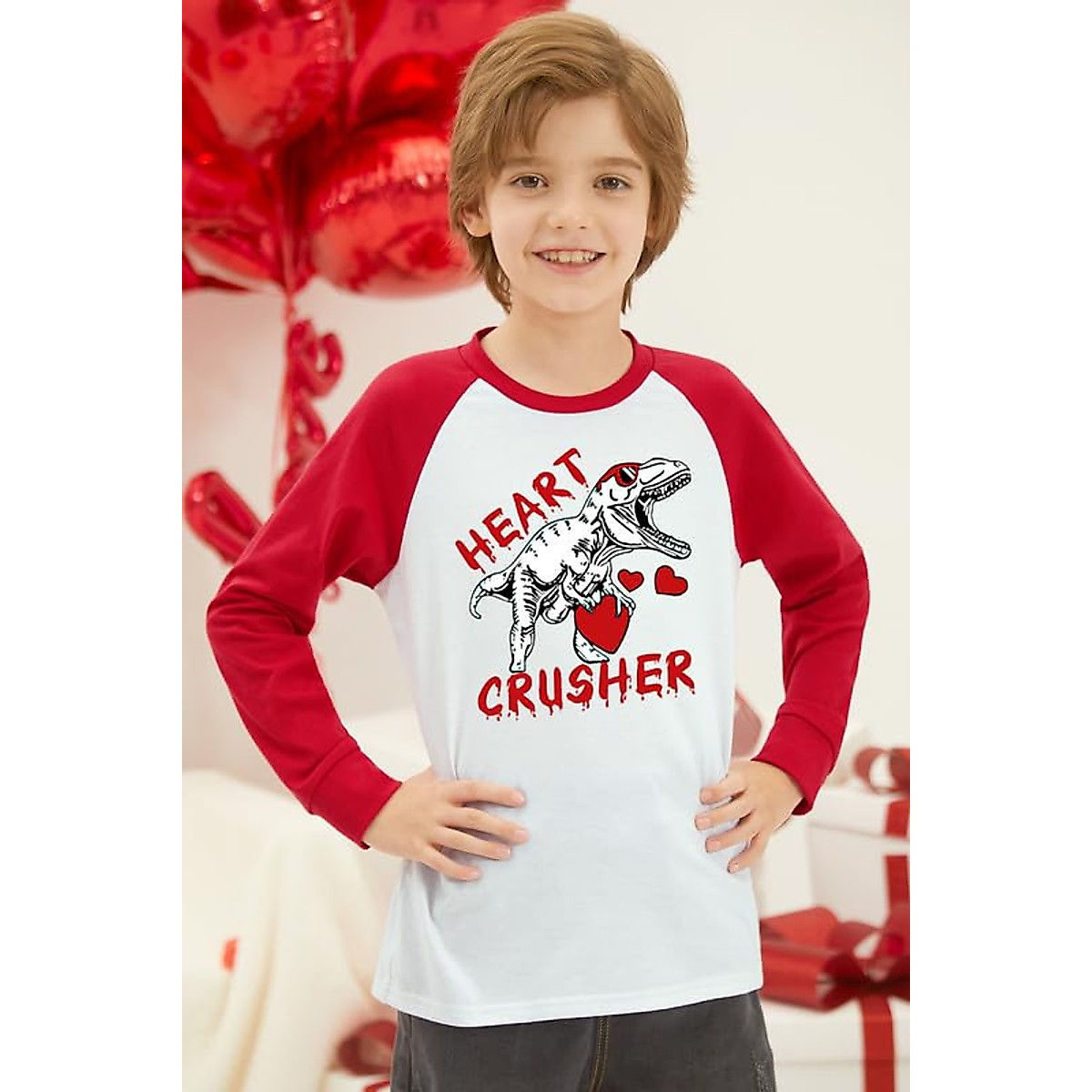 Valentine's Day Toddler Boys Girls White Dinosaur Heart Crusher Top Raglan Long Sleeve Shirt 1-2 Years