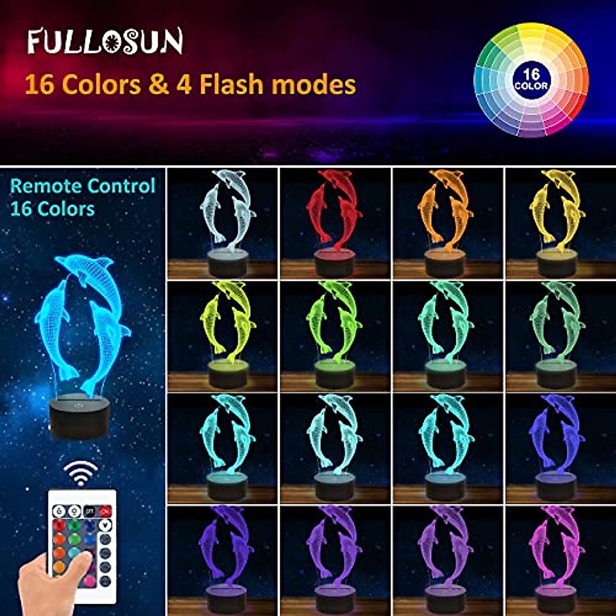 FULLOSUN Night Light for Kids Ocean Dolphin 3D Night Light Porpoise Bedside Lamp with Remote Control 16 Color Changing Xmas Halloween Birthday Gift for Child Baby Girl