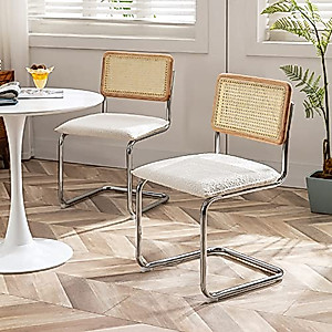 Zesthouse Mid-Century Modern Dining Chairs, Accent Rattan Kitchen Chairs, Armless Mesh Back Cane Chairs, Upholstered Fabric Chairs with Metal Chrome Legs, Set of 2, White
