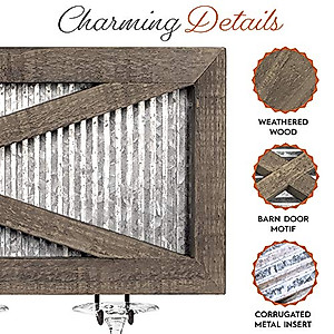 Autumn Alley Rustic Barn Door Wine Rack with Glass Storage - Country Home Decor Rustic Farmhouse for Kitchen, Dining Room – Wood and Metal Wine Wall Mount Storage – Holds 5 Bottles, 4 Stemmed Glasses