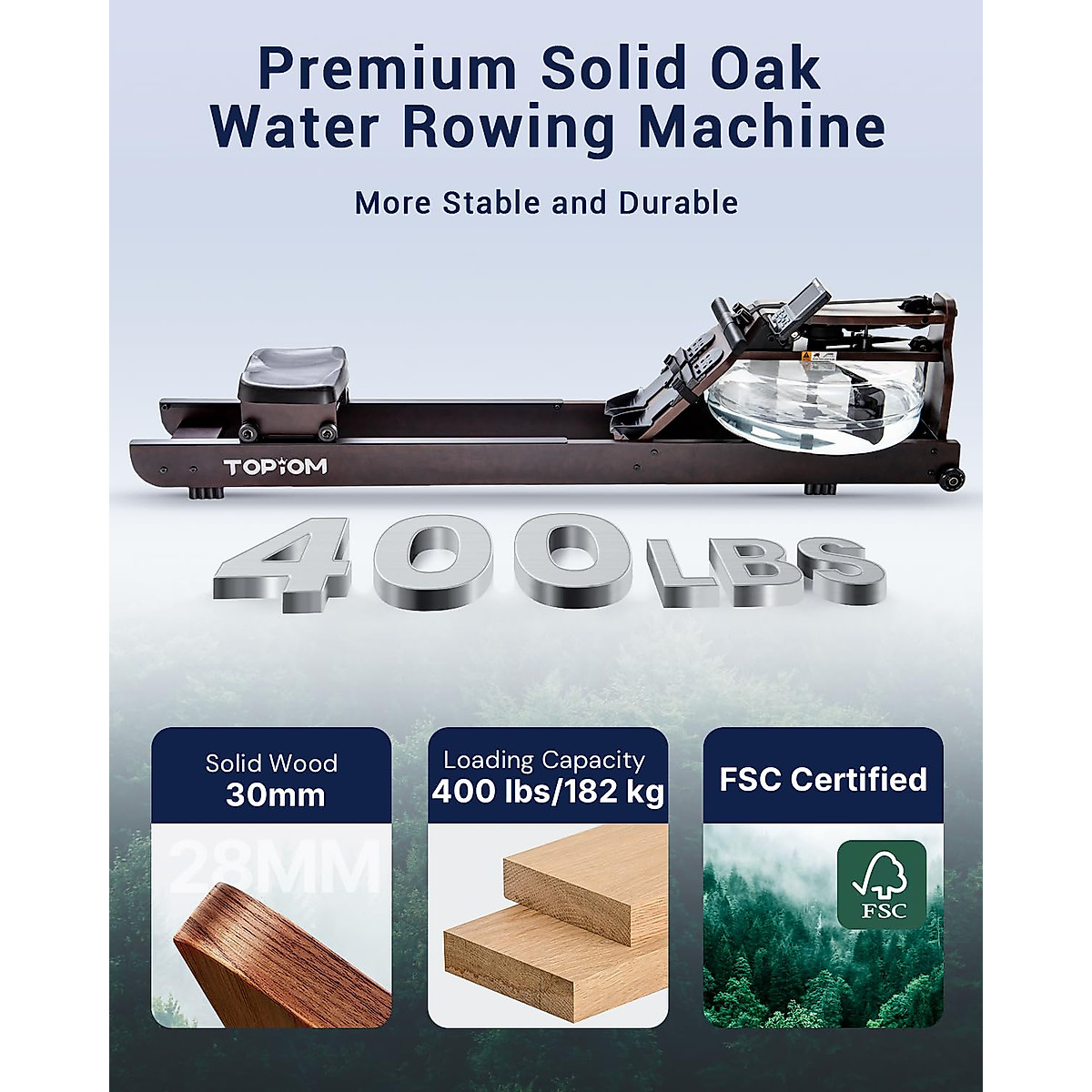 TOPIOM Water Rowing Machine with TM-3 Performance Monitor, 400 lbs Max Load, Oak Wood Rower Machine