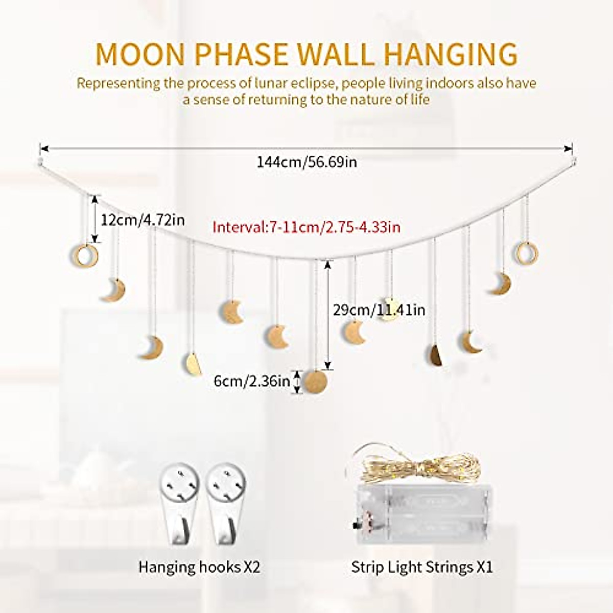 Moon Phase Wall Decor with LED String Light, 13 Gold Hammered Wood Boho Wall Hanging Decor Mood Garland 56'' - Celestial Phases Moon Decor in Bohemian Style for Bedroom Home Living Room Gift