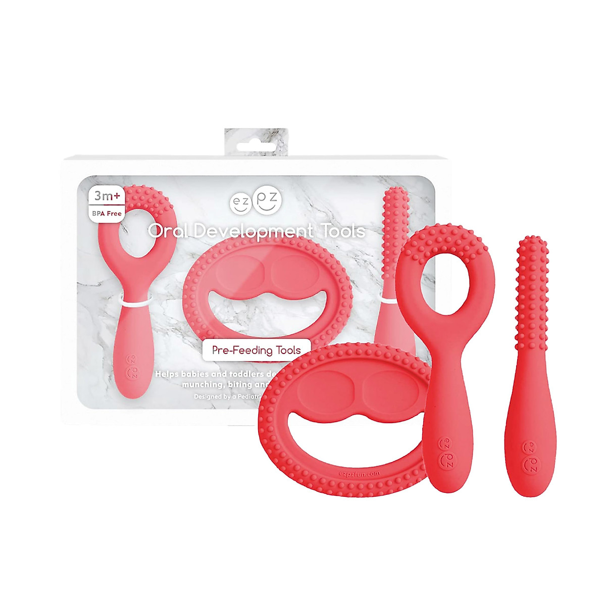 ezpz Oral Development Tools - 3 Months+ (3 Pack in Coral) - Non-Slip Loop, Smile and Stick, 100% Silicone Tools to Practice Feeding + Chewing - Sensory Bumps - Dishwasher Safe