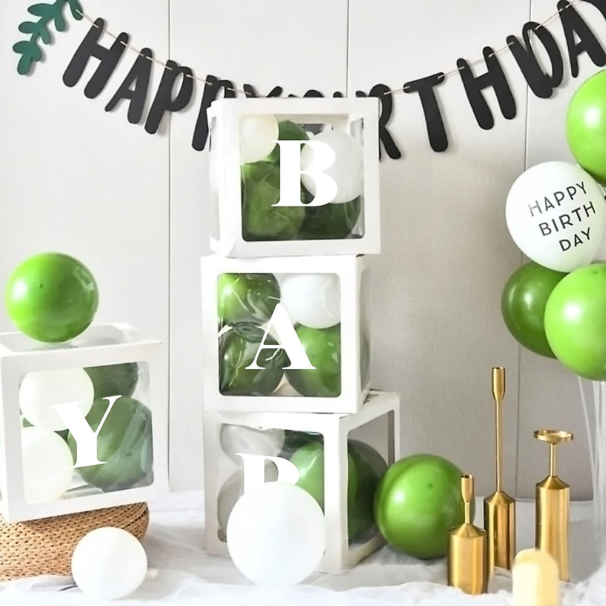 JOYYPOP Baby Boxes with Letters for Baby Shower, 4 Transparent Balloon Boxes with 16 Letters for Boys & Girls Birthday, Gender Reveal Decorations and Wedding Party(White)