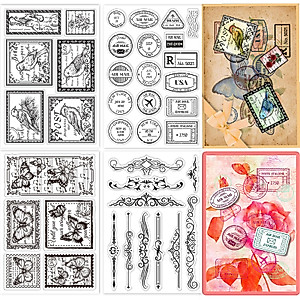 GLOBLELAND 4 Sheets Postage Postcard Air Mail Clear Stamps for DIY Scrapbooking Butterfly Text Background Silicone Clear Stamp Seals Transparent Stamps for Cards Making Photo Album Journal