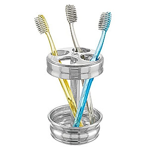 mDesign Metal Bathroom Vanity Countertop Accessory Set - Includes Refillable Soap Dispenser, Divided Toothbrush Stand, Tumbler Rinsing Cup, Vivi Collection, Set of 3, Chrome