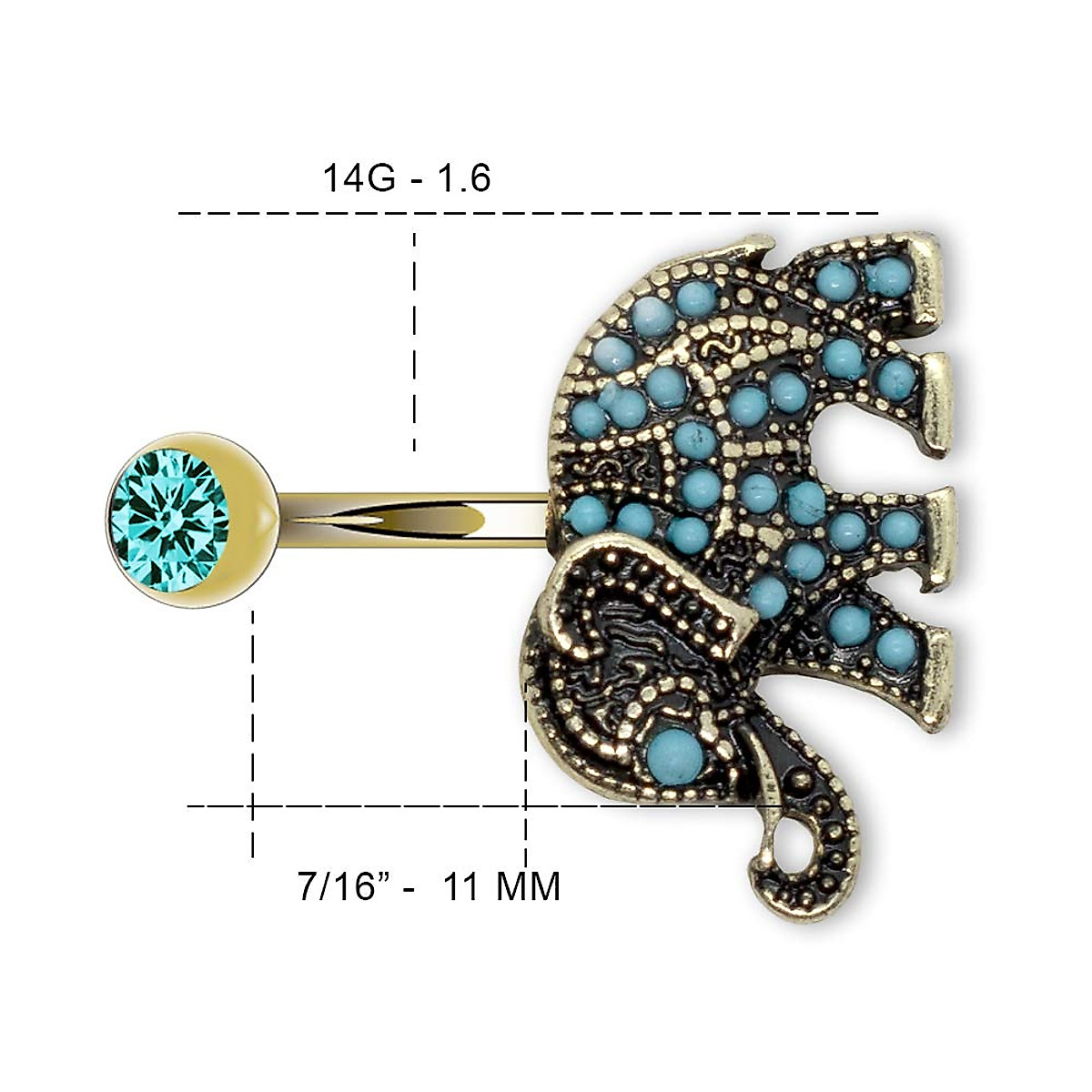 Pierce2GO Tribal Gold Elephant Belly Button Ring - 316L Surgical Grade Stainless-Steel Belly Button Rings Studded with Faux Blue Pearls - Belly Piercings Navel Ring for Women