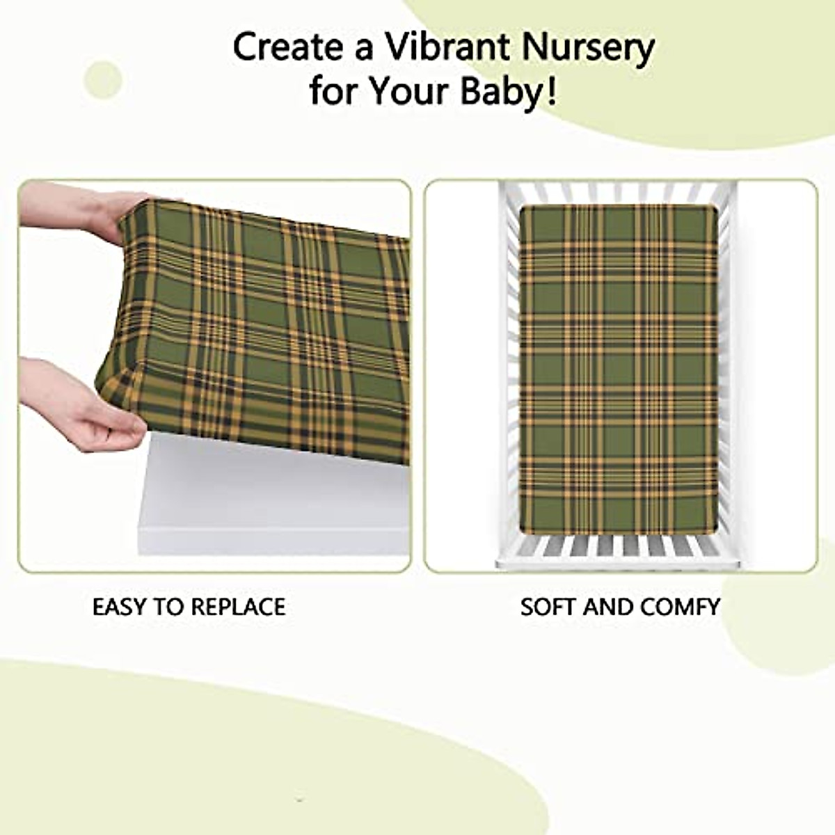 Plaid Themed Fitted Mini Crib Sheets,Portable Mini Crib Sheets Ultra Soft Material-Great for Boy or Girl Room or Nursery,24“ x38“,Olive Mustard