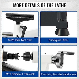 UOKRR Benchtop Wood Lathe 10" x 18" Wood Lathe Machine 5 Variable Speeds 500/750/1150/1800/3200RPM Mini Wood Turning Lathe for Woodworking 1/2HP Multifunctional Power Wood Lathe