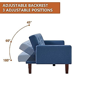 Fangflower Blue Tufted Back Sofa Bed Mid-Century Convertible Sleeper Futon with Tapered Wood Legs for Living Room Apartment Lounge