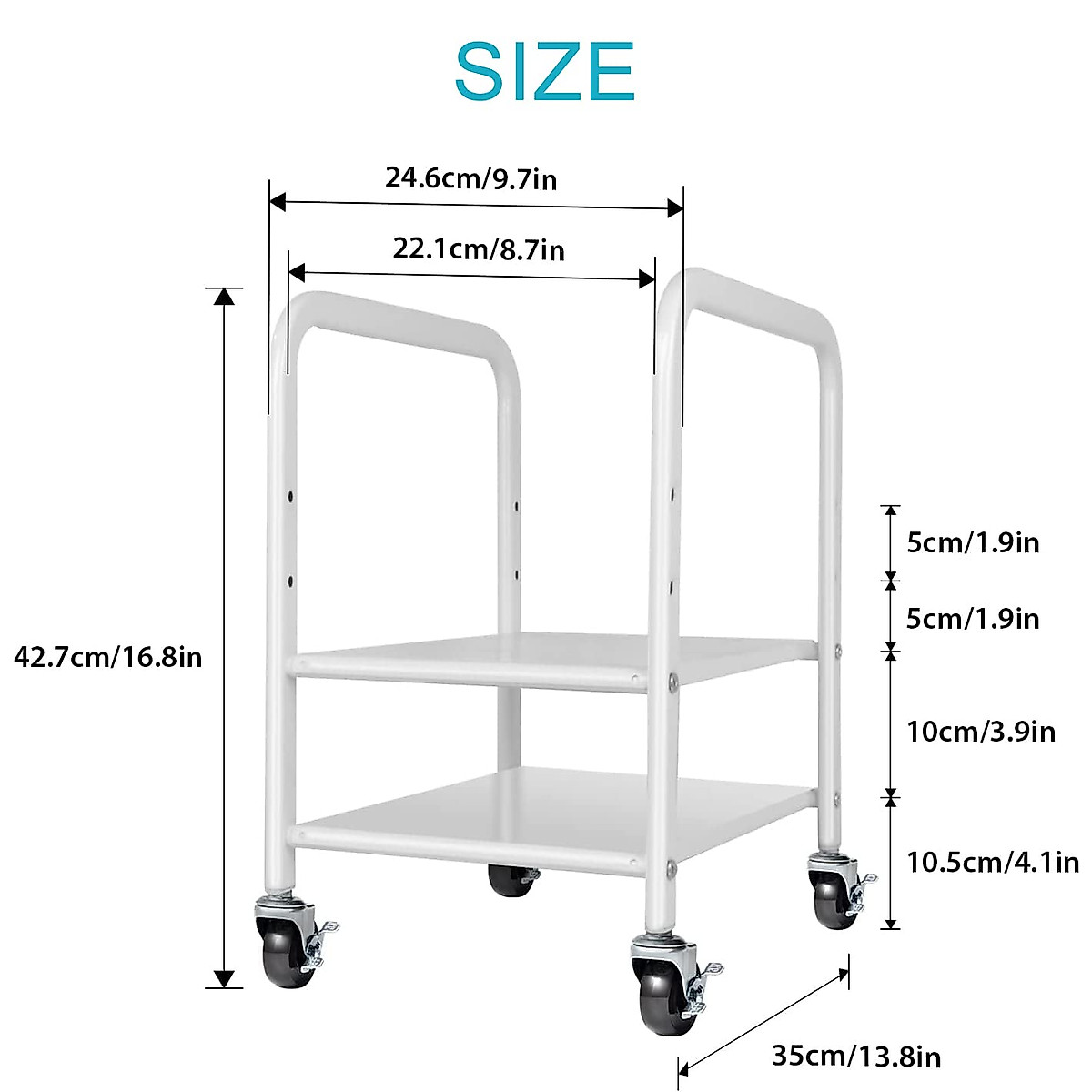 360Tronics Computer Tower Stand White, 2-Tier Height Adjustable Desktop PC Stand for Carpet, Mobile Tower Cart Under Desk, Full Metal Rolling CPU Holder with 360° Locking Wheels for Office Home