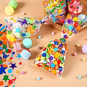 JULBEAR 180Pcs Cellophane Treat Bags, Rainbow Candy Goodie Cello Bag with 200Pcs Twist Ties for Kids Party Favor Supplies (4 Styles)