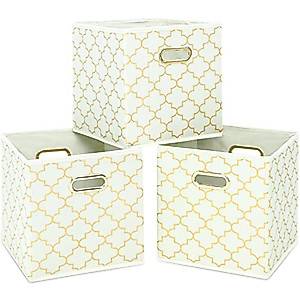 SEVENDOME Fabric Cloth Storage Bins,Fabric Cube Organizer with Dual Handles Foldable Cube Storage Baskets for Home Bedroom Storage,Set of 3,(Creamy-White Gold)