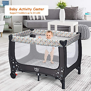 HONEY JOY Pack and Play, Foldable Baby Playard with Bassinet, Lightweight Installation-Free Travel Baby Crib from Newborn to Toddlers, Portable Nursery Center w/Lockable Wheels & Carry Bag(Gray)