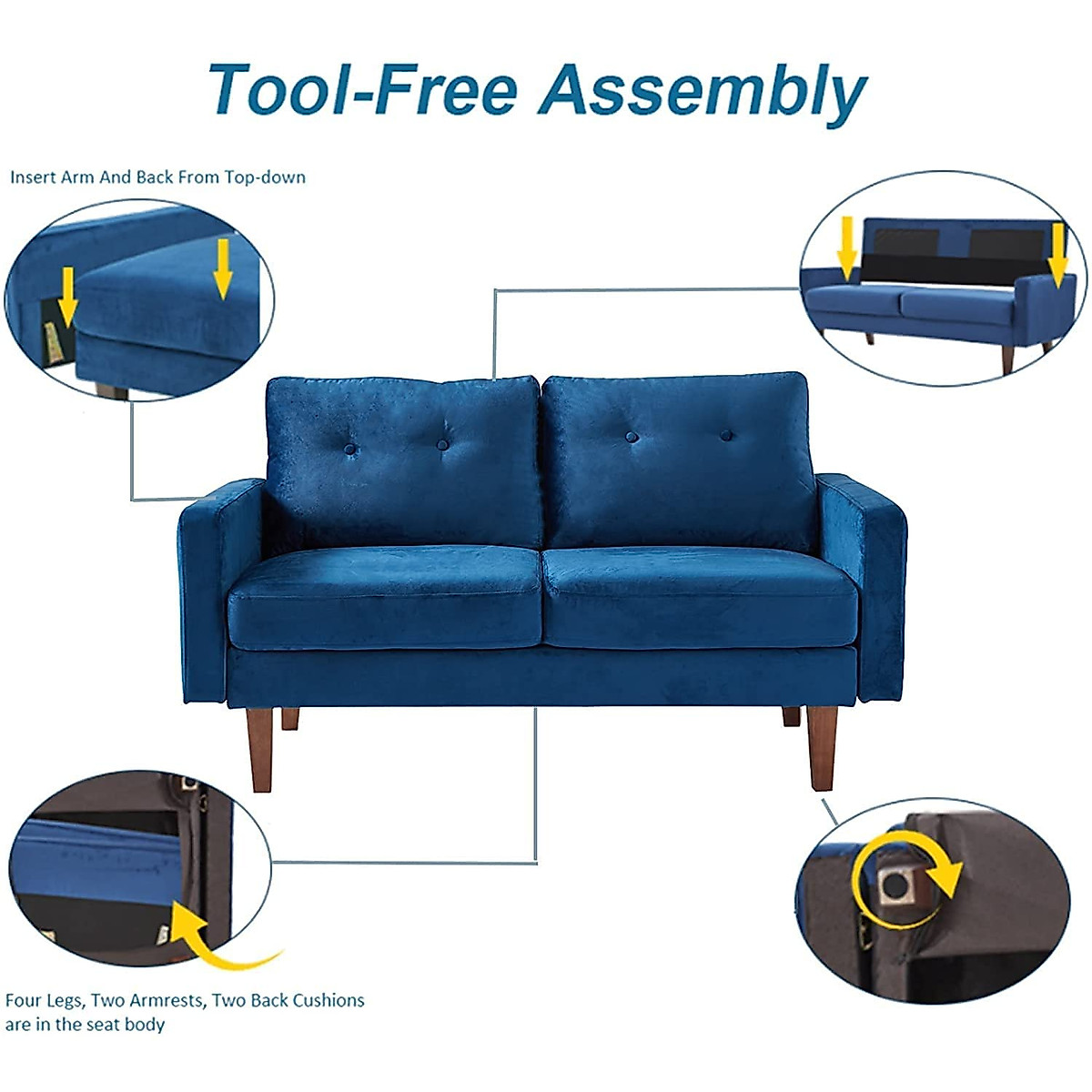 Bettermade Loveseat Sofa,Futon Sofa for Living Room, Velvet Cover Modern Design Couch,Tools-Free Assemble,2 Seats with 600 LB Load,Blue