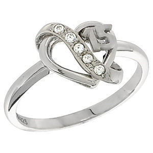 Sterling Silver Quinceanera 15 Anos Heart Ring CZ stones Rhodium Finished, size 8