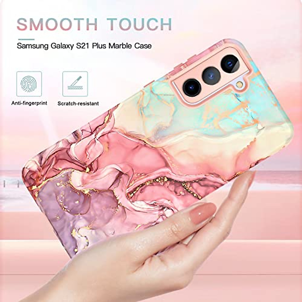 Galaxy S21 Plus Case: Marble Pattern 3-in-1 Heavy Duty Shockproof with Rugged Hard PC & Soft Silicone, Rose Gold