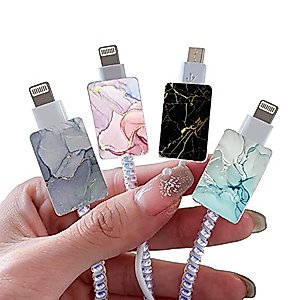 Cute Colorful Cable Protector for iPhone Type-c Charger,Kawaii Luxurious Marble Print Pattern 4 pcs Set Cable Protector for Women Girls,Charging Cord Protector,Cable Chomper,Phone Charger Saver