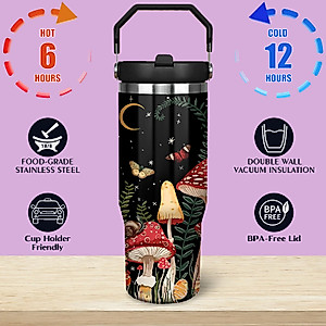thmasamwr Mushroom Tumbler with Lid and Straw, Stainless Steel Mushroom 30oz Tumbler with Handle, Black Mushroom Travel Coffee Mug Mushroom Gifts Cups for Women and Men
