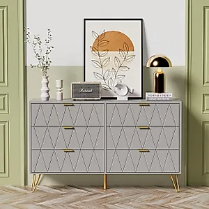 UEV Large Grey 6 Drawer Dresser,Modern Dresser Chest with Wide Drawers and Metal Handles,Wood Storage Chest of Drawers for Bedroom,Hallway,Entryway (Grey, Large 6 Drawer)