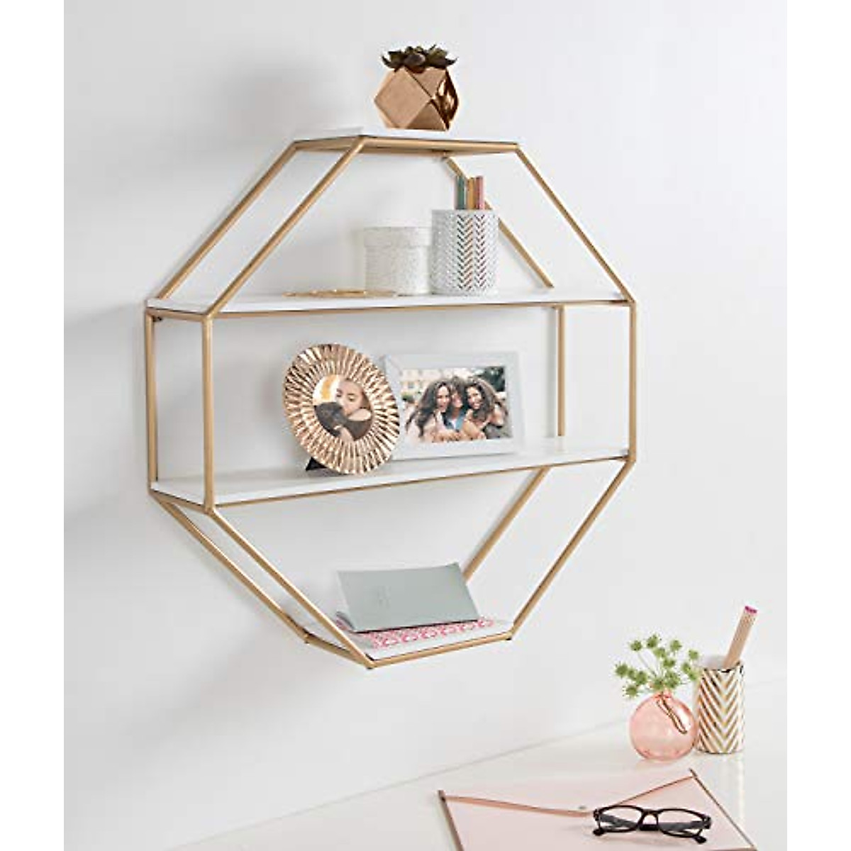 Kate and Laurel Lintz Glam Octagon Wall Shelf, 24 x 24, White and Gold, Modern 4-Tier Geometric Shelves for Wall