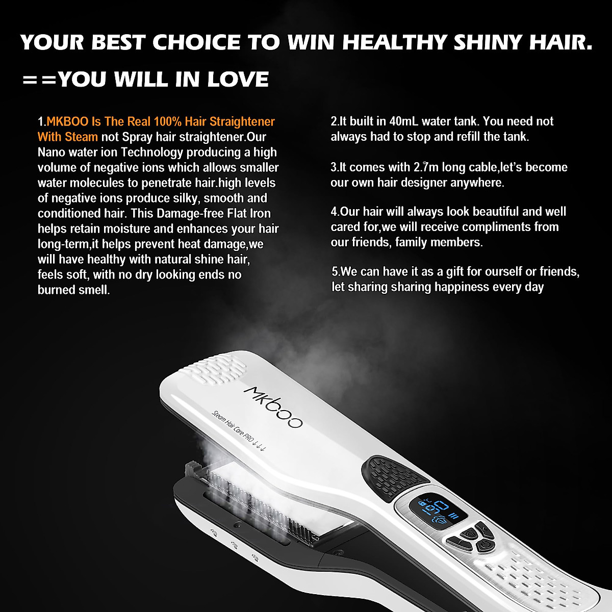 MKBOO Hair Straightener with Steam, Salon Professional Nano Titanium Ceramic Steam Flat Iron with Removable Comb+Digital LCD+5 Level Adjustable Temperature+Auto Temperature Lock Black