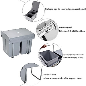 Nisorpa 40 Liter / 10.6 Gallon Dual Pull Out Trash Cans Under Cabinet Counter/Sink with Lid - Commercial Garbage Can Recycling Container Kitchen Waste Bins - Soft-Close Slides Out & Fixable Base, Gray