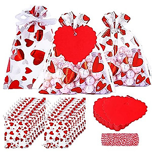 Valentine's Day Heart Organza Bags with Drawstring, 50 PCS Valentine Treat Candy Bag Gift Jewelry Pouches with 50 PCS Heart Tags for Valentine's Day Wedding Festival Party Supply,(3 x 4 Inch)