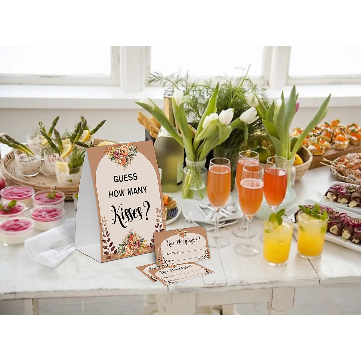 Rustic Orange Floral How Many Kisses Bridal Shower Game,Wedding Shower Games,Engagement Party Games,Bachelorette Party Games,Bridal Shower Decorations(1 Sign & 50 Guess Cards),13