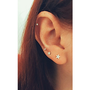 Sterling Silver Stud Earrings for Women, 3 Pairs Tiny Flower Earrings Set, Small Cubic Zirconia Helix Earrings Dainty Tragus Cartilage Studs Cherry Blossom Ear Piercing Jewelry Gifts for Teens