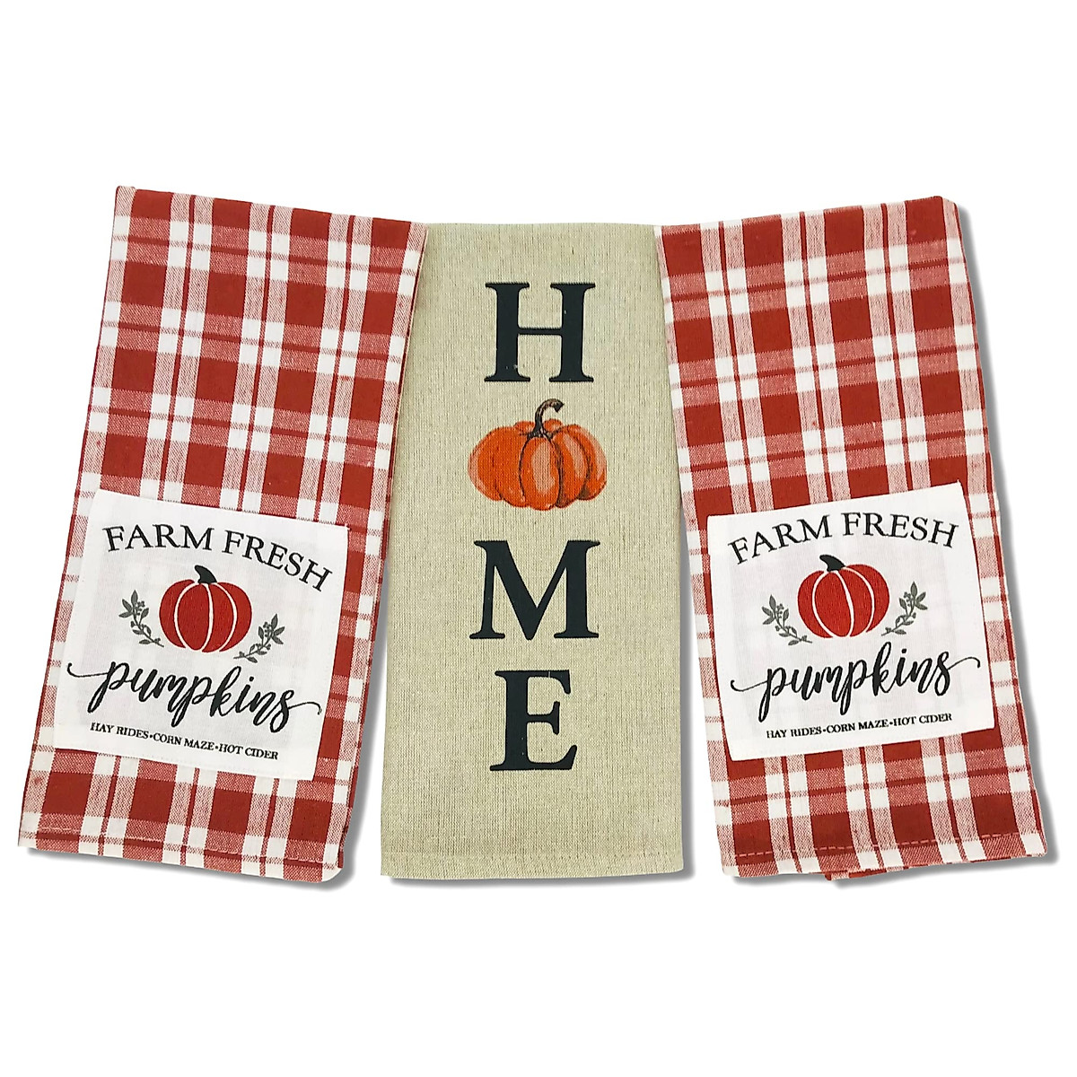 Serafina Home Fall Pumpkin Kitchen Dish Towels Set, 3pc: Colorful Autumn Red Orange Plaid with Farm Fresh Pumpkins Rustic Applique Background.
