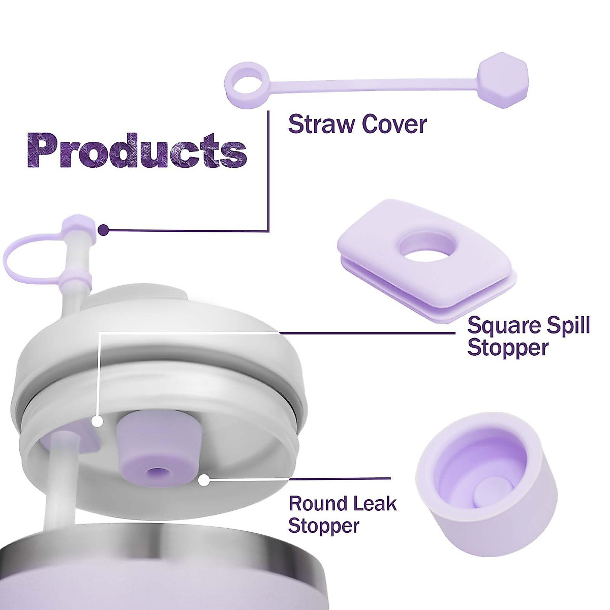GAUDIE Silicone Spill Stopper Set of 4, Cup Accessories for Stanley 30/40 oz, Including Straw Cover Cap, Square Lid Stopper & Round Leak Stopper Plug (Purple)