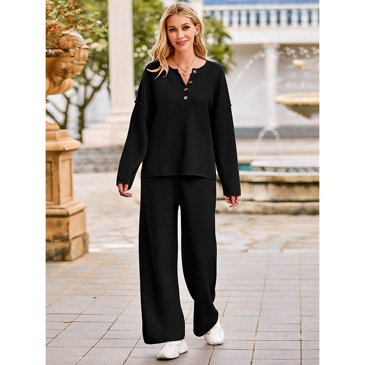 MEROKEETY Women's 2 Piece Outfit Sets Long Sleeve Button Knit Pullover Sweater and Pants Lounge Sets Black Large