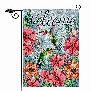 Hzppyz Welcome Spring Garden Flag Hummingbird, Decorative House Yard Lawn Outdoor Small Burlap Bird Flag Flower Decor, Vintage Summer Farmhouse Seasonal Outside Decorations Double Sided 12 x 18