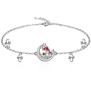 Fenthring Mushroom Bracelet Red Mushroom Moon Bracelet Sterling Silver Link Bracelets for Women Fairy Mushrooms Jewelry