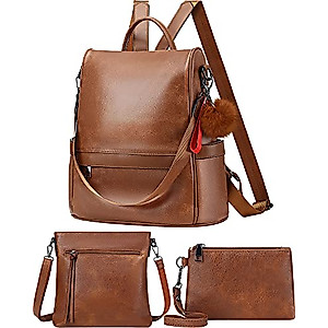 3 Pcs PU Leather Backpack Purse for Women Crossbody Purse Set Women's Crossbody Handbags Soft College Casual Shoulder Bag for Ladies Travel, Brown