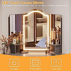 LVSOMT Vanity Desk with Mirror and Lights, Makeup Vanity with Charging Station, Dressing Table with 3 Lighting Options, Vanity Set with Drawers, Women’s Corner Vanity table, Grey