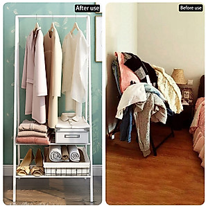 Jecpuo White Garment Rack Clothes Rack with Shelves Heavy Duty Metal Garment Rack for bedroom clothing rack (White)