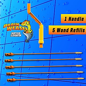 FlexiSnake Drain Weasel Sink Snake Cleaner - 18 inch - Drain Hair Clog Remover Tool with Rotating Handle & 5 Wand Refills - Thin, Flexible, Easy to Use on Most Drains & Grates - Made in USA - (5-Pack)