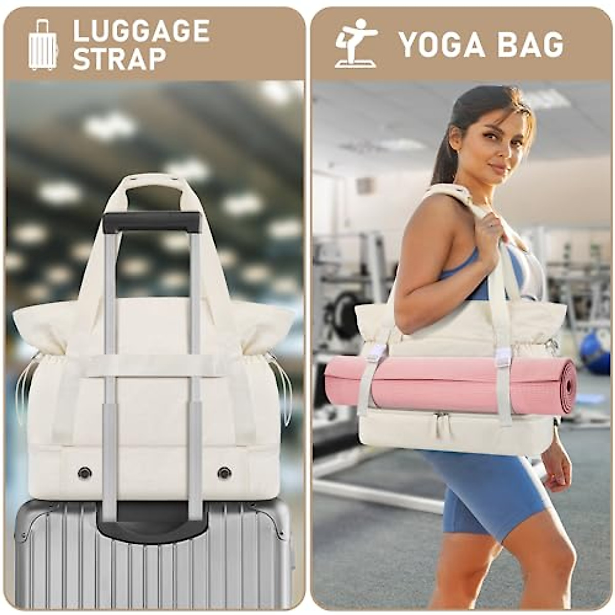 ETRONIK Gym Bag for Women, Yoga Mat Bag with Water Bottle Bag, 40L Weekender Overnight Bag with Shoe Compartment & Wet Pocket, Travel Duffle Bag Women for Yoga, Work, Hospital, Pilates and Gym, Beige