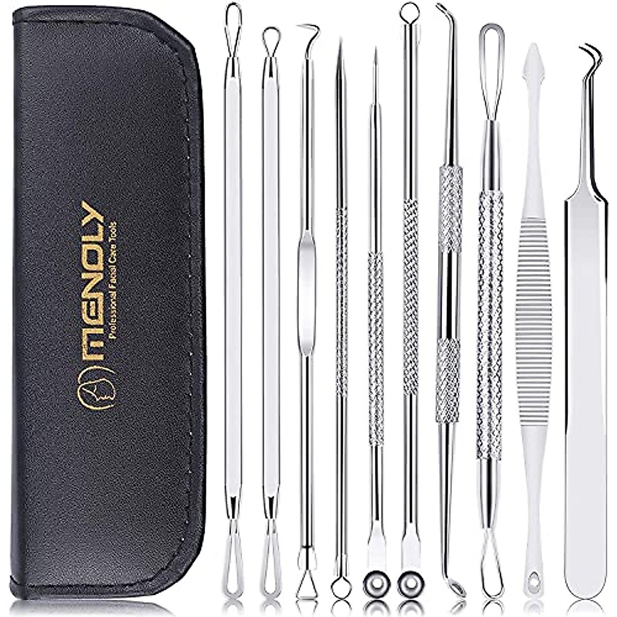 Pimple Popper Tool Kit,MENOLY 10Pcs Blackhead Remover Tools,Pimple Extractor,Acne Tools,Acne Kit for Blackhead,Blemish,Zit Removing,Whitehead Popping and Comedone Extractor Tool with Leather Bag
