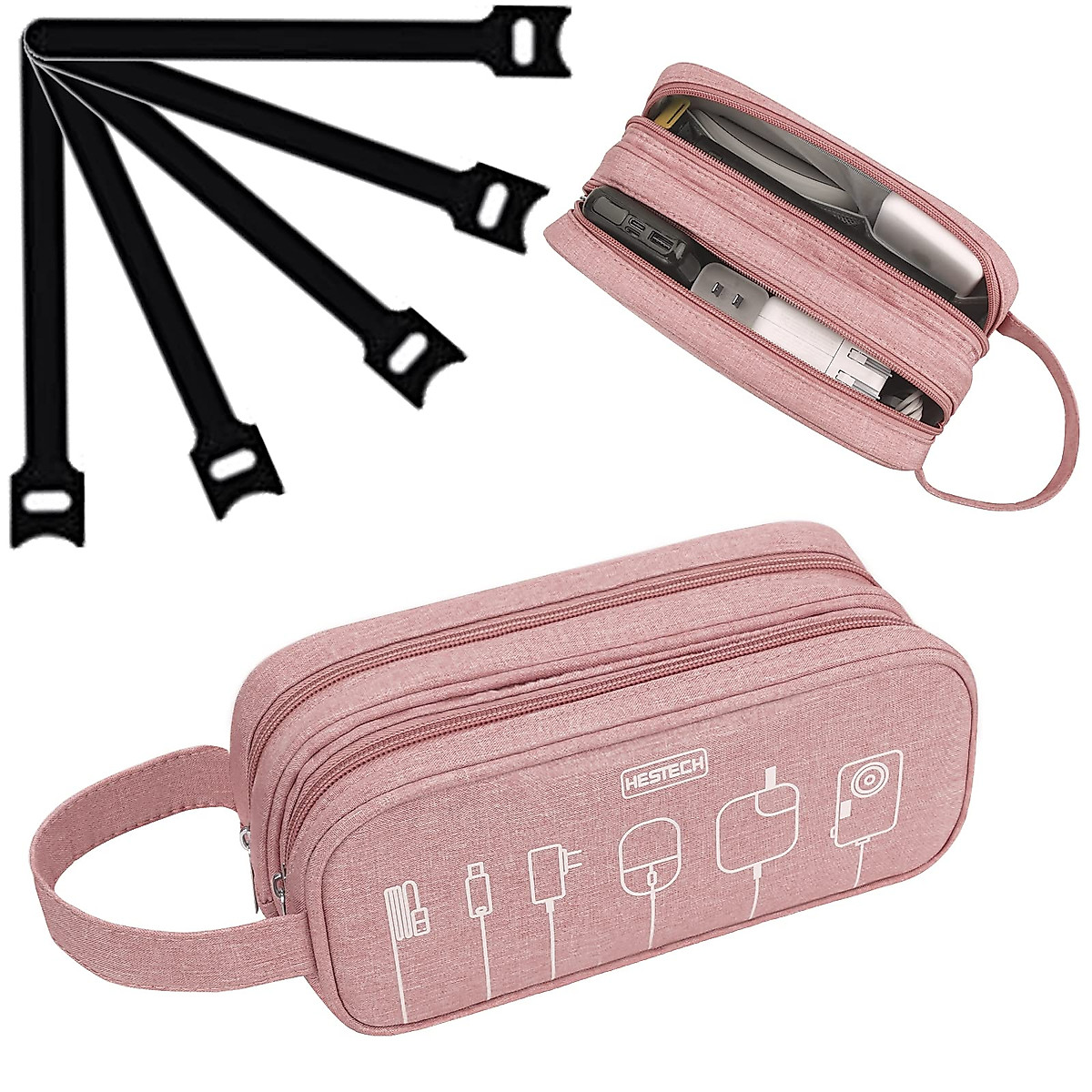 HESTECH Electronic Organizer Travel Case Cord Organizer Traveling Bag Tech Organizer Pouch for Charging Data Cable,Charger,Phone,Power Bank,Mouse,USB Flash Drive,Earphone,Pink with 5PCS Cables Ties