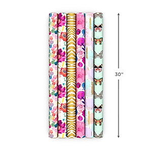 Hallmark Wrapping Paper Rolls for Birthday, Bridal Shower, Baby Shower, Gift Wrap Paper (Set of 6 Rolls: 180 sq. ft. ttl.) Butterflies, Gold Animal Print, Pink Flowers for All Occasions